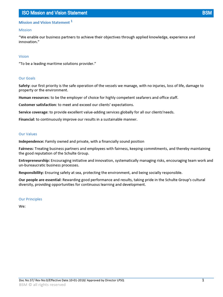 ISO Mission and Vision Statement | PDF