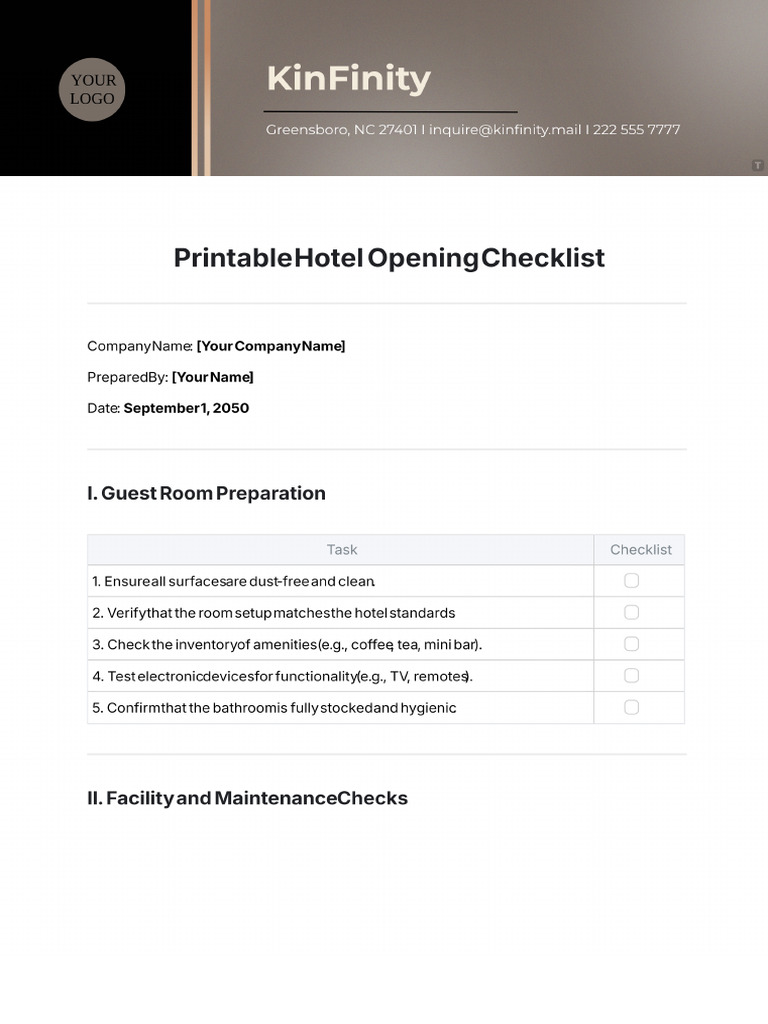Printable Hotel Opening Checklist Template | PDF