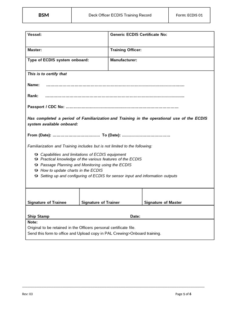 ECDIS 01 - Deck Officer ECDIS Training Record (Rev.03) | PDF | Computing