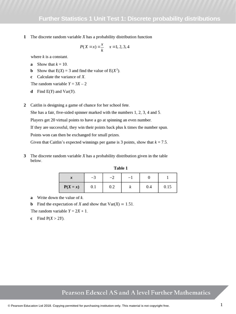 Further Statistics 1 Unit Test 1 Discrete Probability Distributions ...