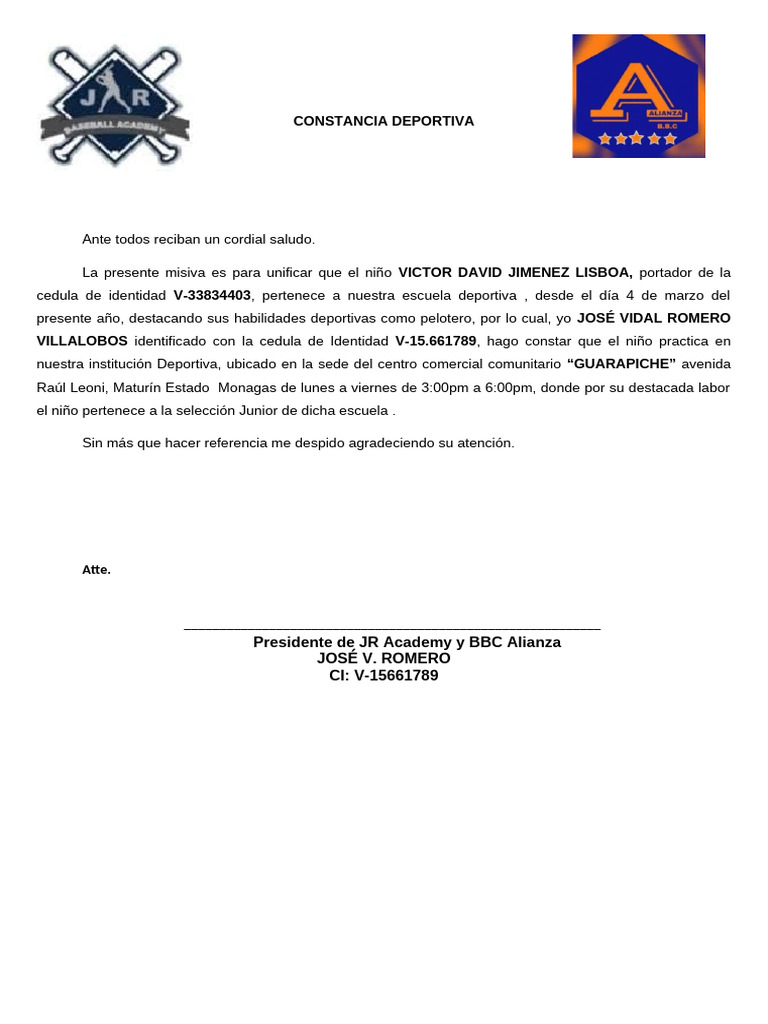 Constancia Deportiva de Víctor Jiménez | PDF