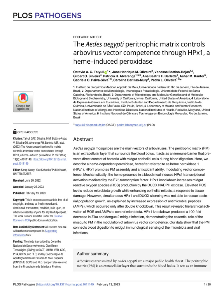 The Aedes Aegypti Peritrophic Matrix Controls Arbovirus Vector ...