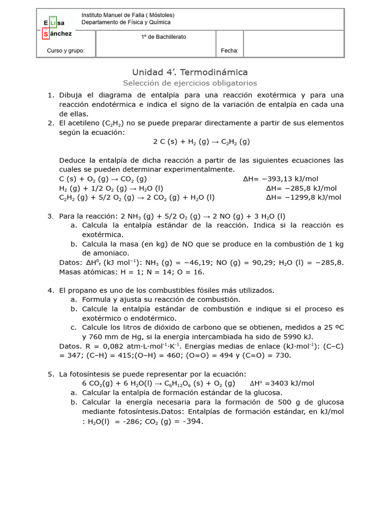 Ejercicios UD 4´. Termoquímica.docx | PDF | Combustión | Entalpía