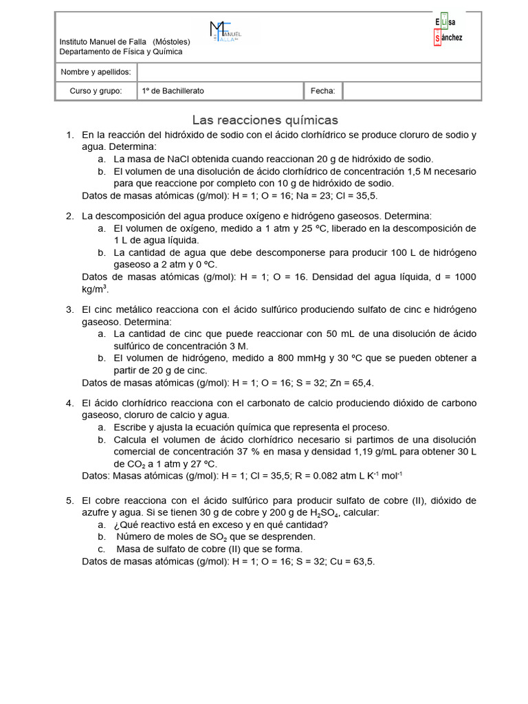 UD 5 EJERCICIOS - Las Reacciones Químicas | PDF | Ácido clorhídrico | Ácido