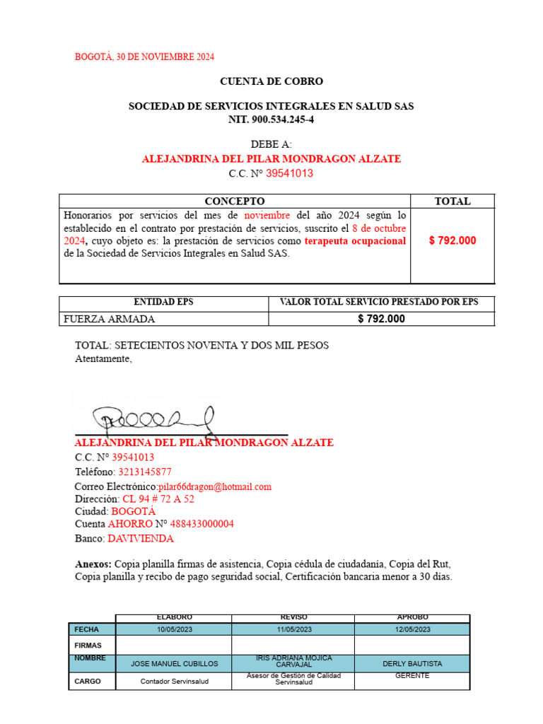 Cuenta de Cobro Servicios Salud Nov 2024 | PDF