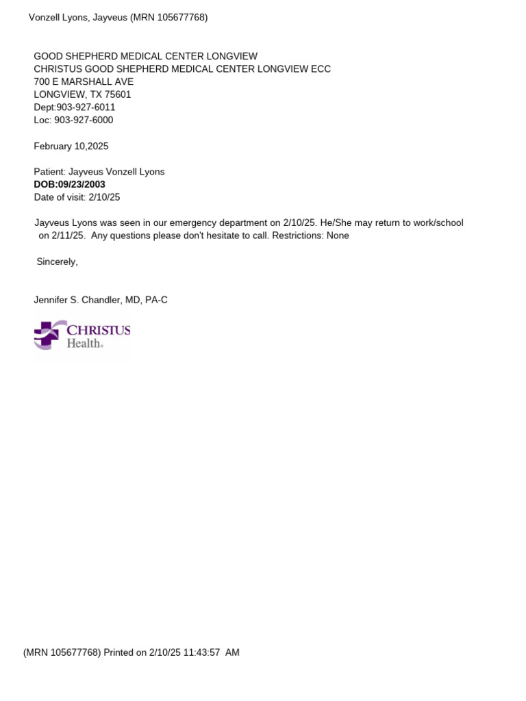 Emergency Visit Summary for Jayveus Lyons | PDF