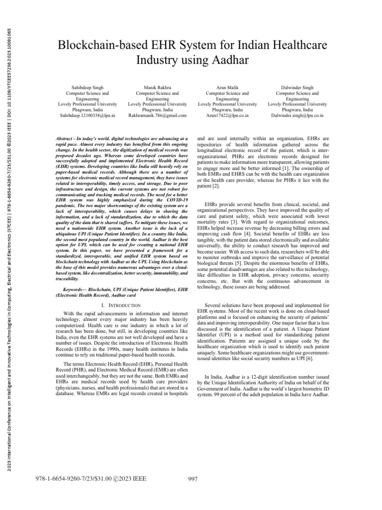 Blockchain-Based EHR System For Indian Healthcare Industry Using Aadhar | PDF | Electronic ...
