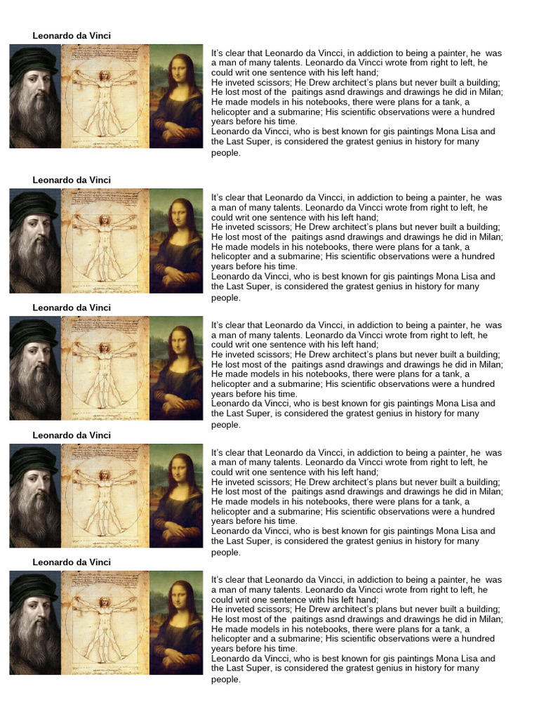 Leonardo da Vinci - text and questions - 2º ano | PDF | Leonardo Da ...