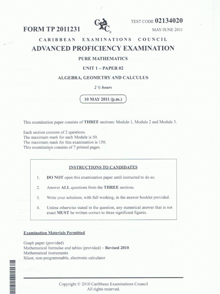 Cape Pure 2011 Unit 1 Paper 2 | PDF