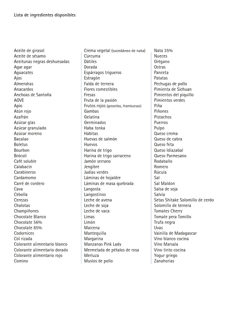 Ingredientes culinarios variados | PDF | Alimentos | Cocina