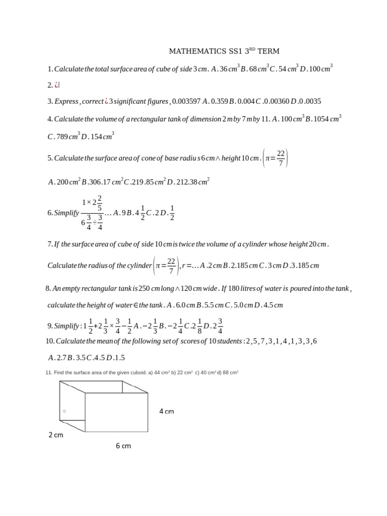 MATHEMATICS SS1 3RD TERM | PDF | Volume | Area