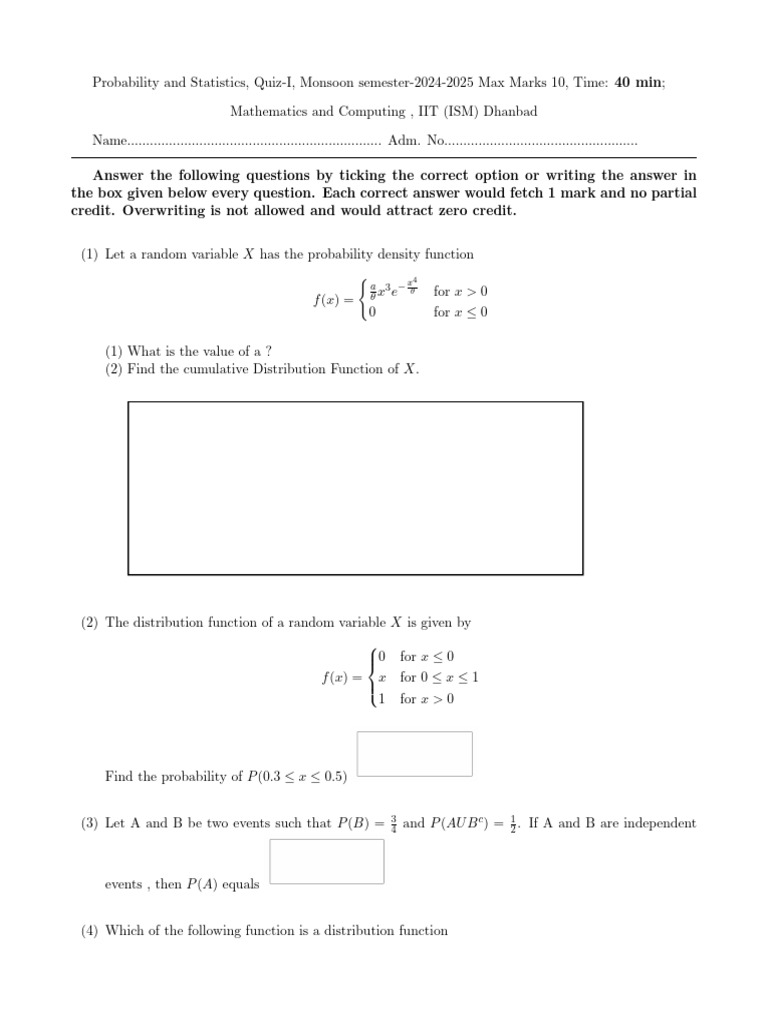 quiz_1_prst | PDF | Random Variable | Probability Distribution