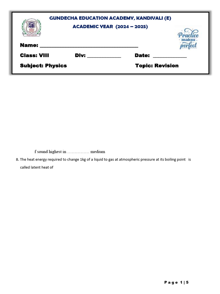 Class 8 Physics Revision Worksheet | PDF | Refraction | Sound