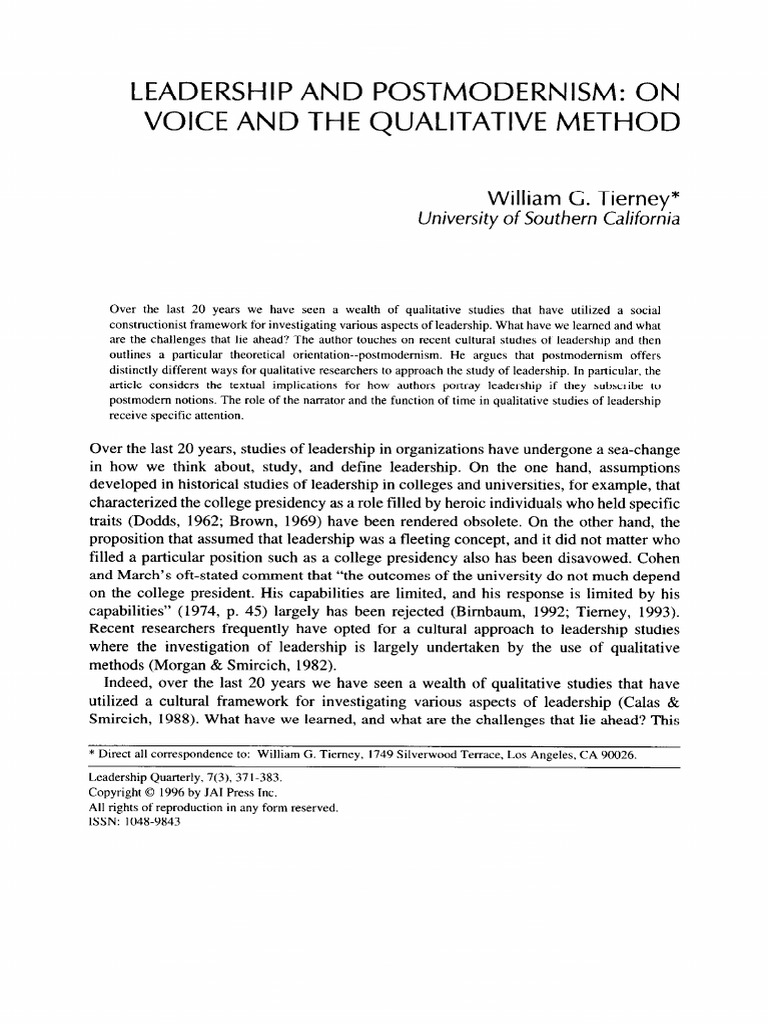 Leadership and Postmodernism - On Voice and The Qualitative Method ...