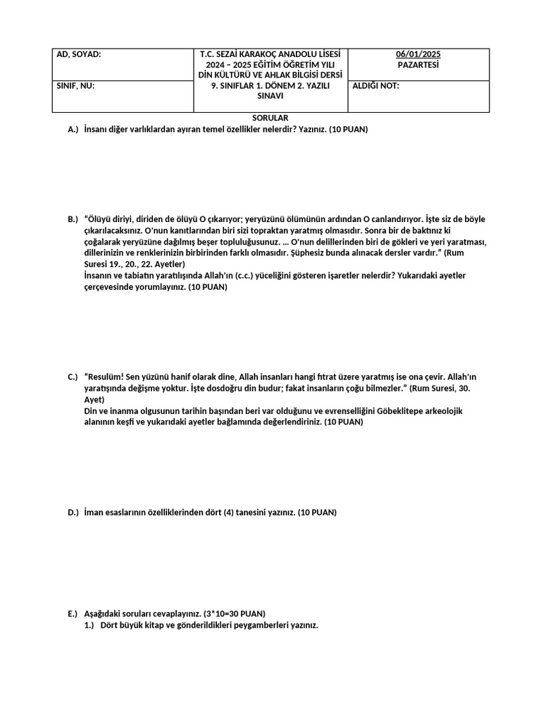 Sınıflar DKAB 1. Dönem 2. Yazılı Sınavı - Kopya | PDF