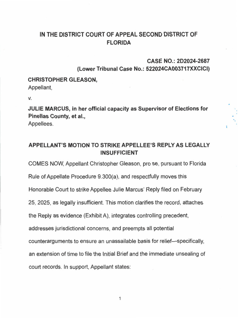 2D2024 - 2687 Appellants Motion To Strike Appellees Reply As Legally Insufficient | PDF