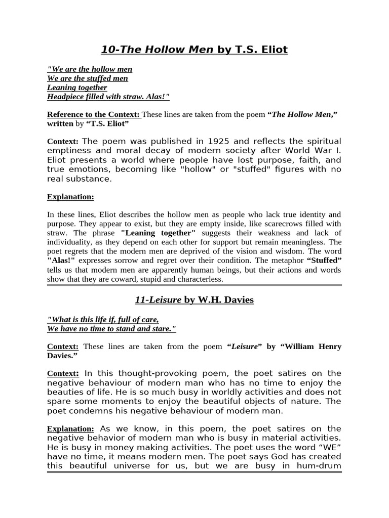 Reference To Context Poetry 1st Year | PDF | Poetry