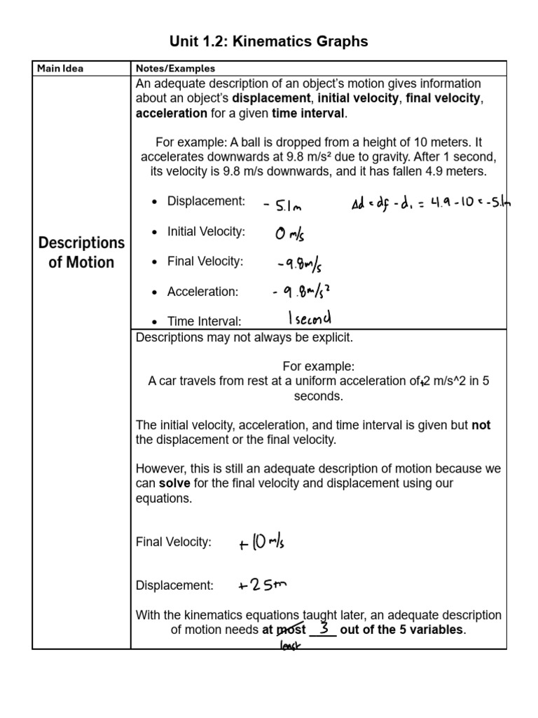 Kinematics Guided Notes 1.2 Key | PDF | Acceleration | Velocity