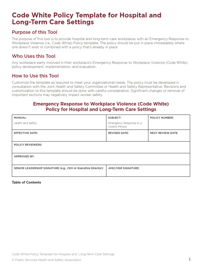 Emergency Response To Workplace Violence Policy Templates | PDF ...