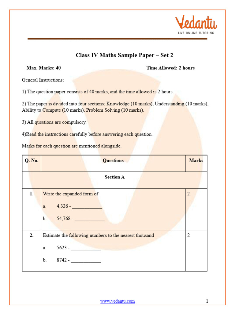 Class 4 Maths Sample Paper Set 2 | PDF | Decimal | Arithmetic