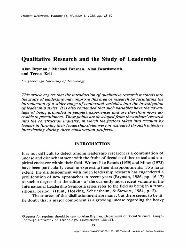 Qualitative research and the study of leadership | PDF