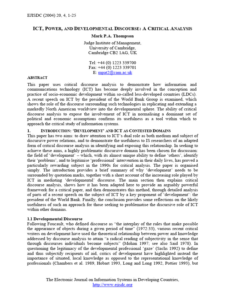 ICT's Role in Development Discourse Analysis | PDF | Discourse ...