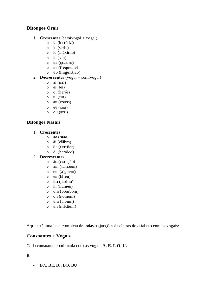 Lista de Ditongos Orais e Nasais | PDF