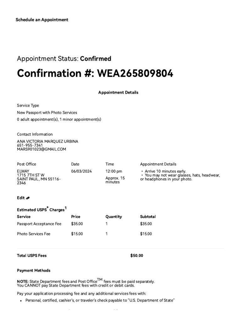 USPS Passport Appointment Confirmation | PDF