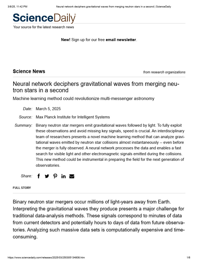 Neural Network Deciphers Gravitational Waves From Merging Neutron Stars in A Second ...