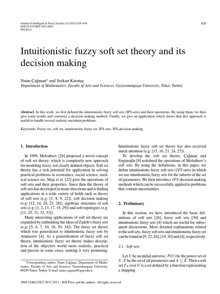 Intuitionistic Fuzzy Soft Set Theory and Its Decision Making | PDF | Fuzzy Logic | Mathematics