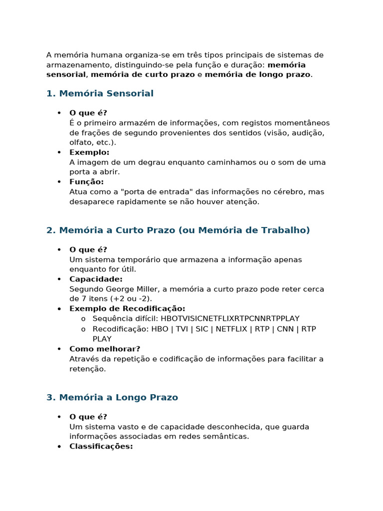 Tipos de Memória Humana Explicados | PDF