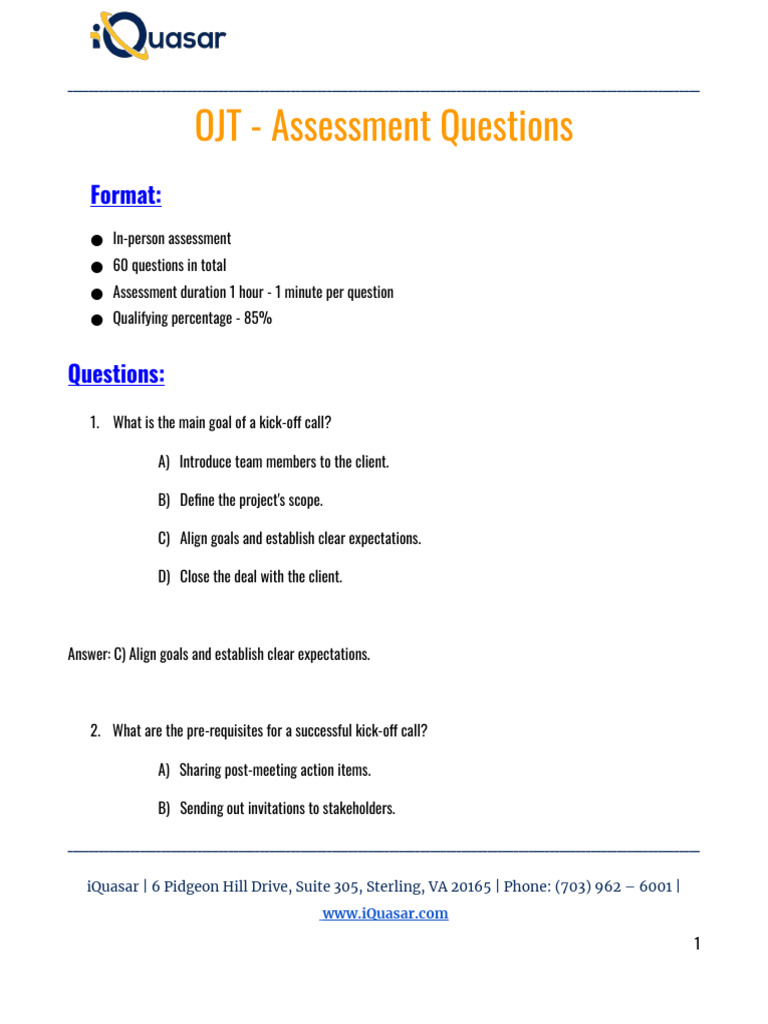 OJT Assessment Questions for Kick-off Calls | PDF | Background Check ...
