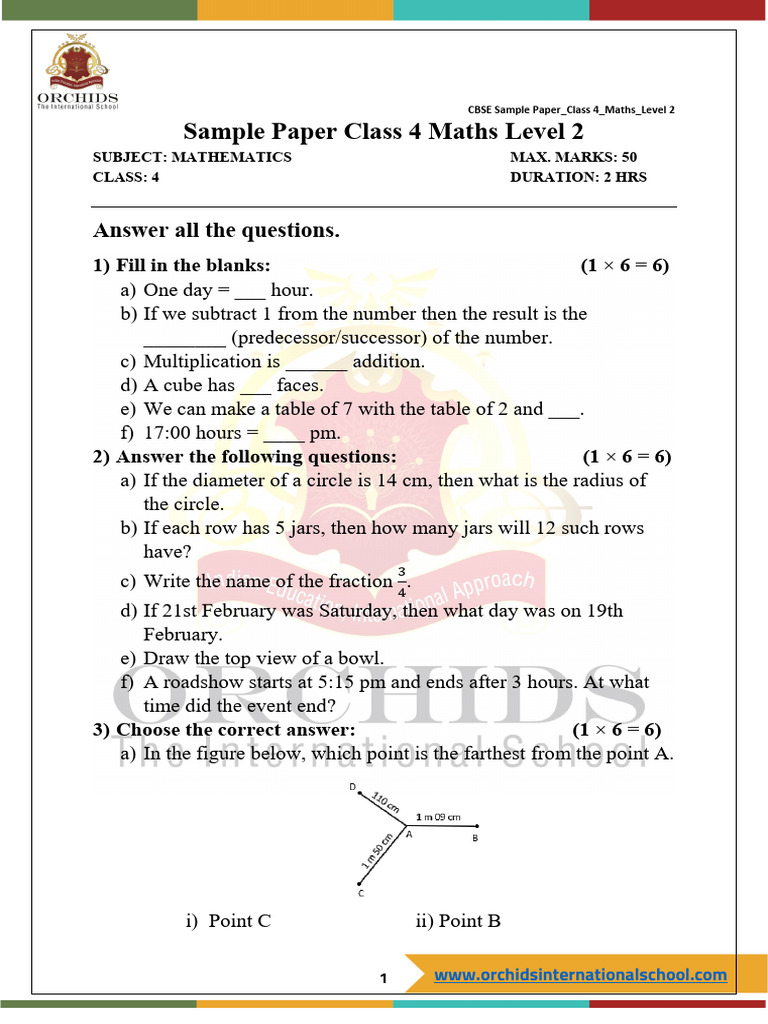 Question Sample Paper Class 4 Maths Level 2 | PDF