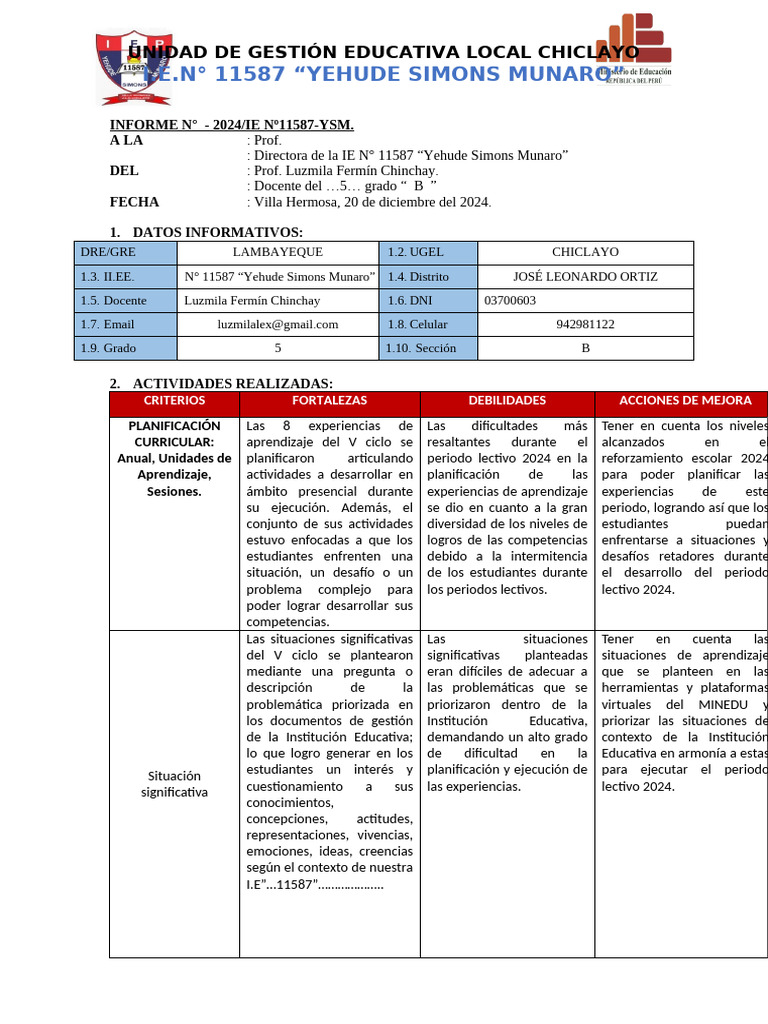 Informe Final de Actividades Pedagógicas 2024 Ysm | PDF | Evaluación | Aprendizaje