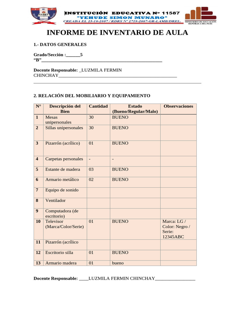 Informe de Inventario de Aula Ysm. | PDF