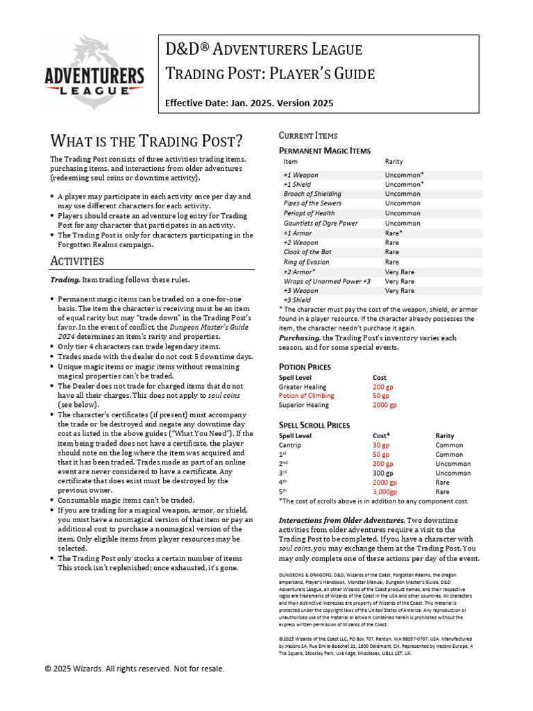 DND Adventurers League Trading Post Player's Guide v2025 | PDF ...