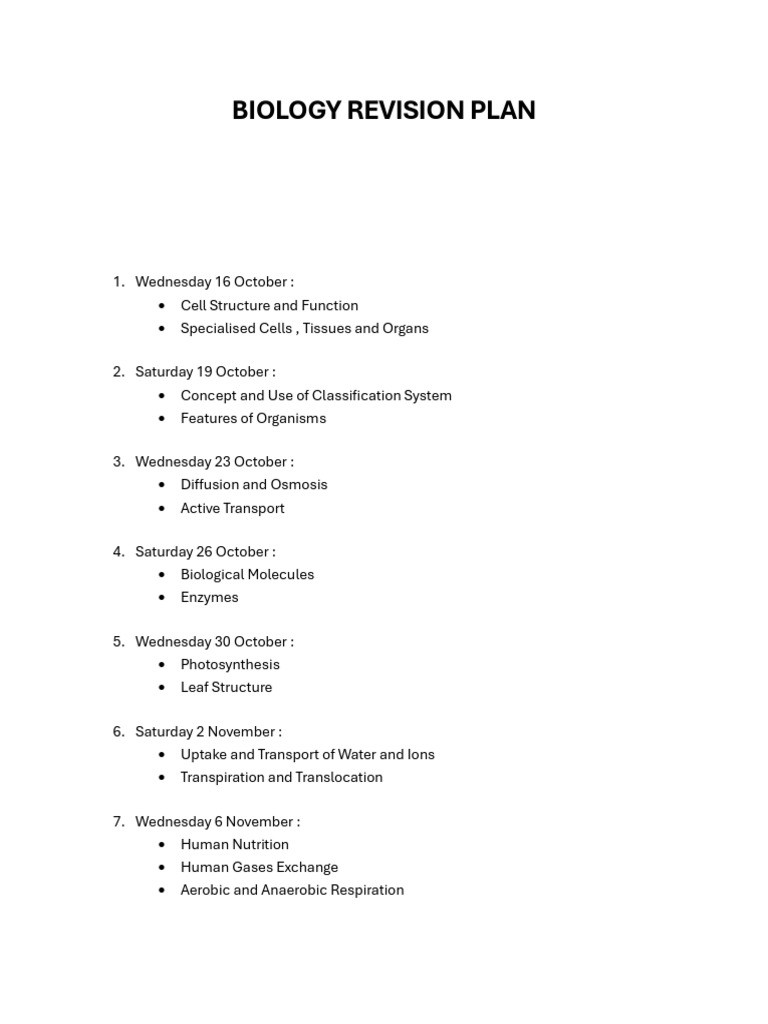 O Level Biology Revison Plan | PDF