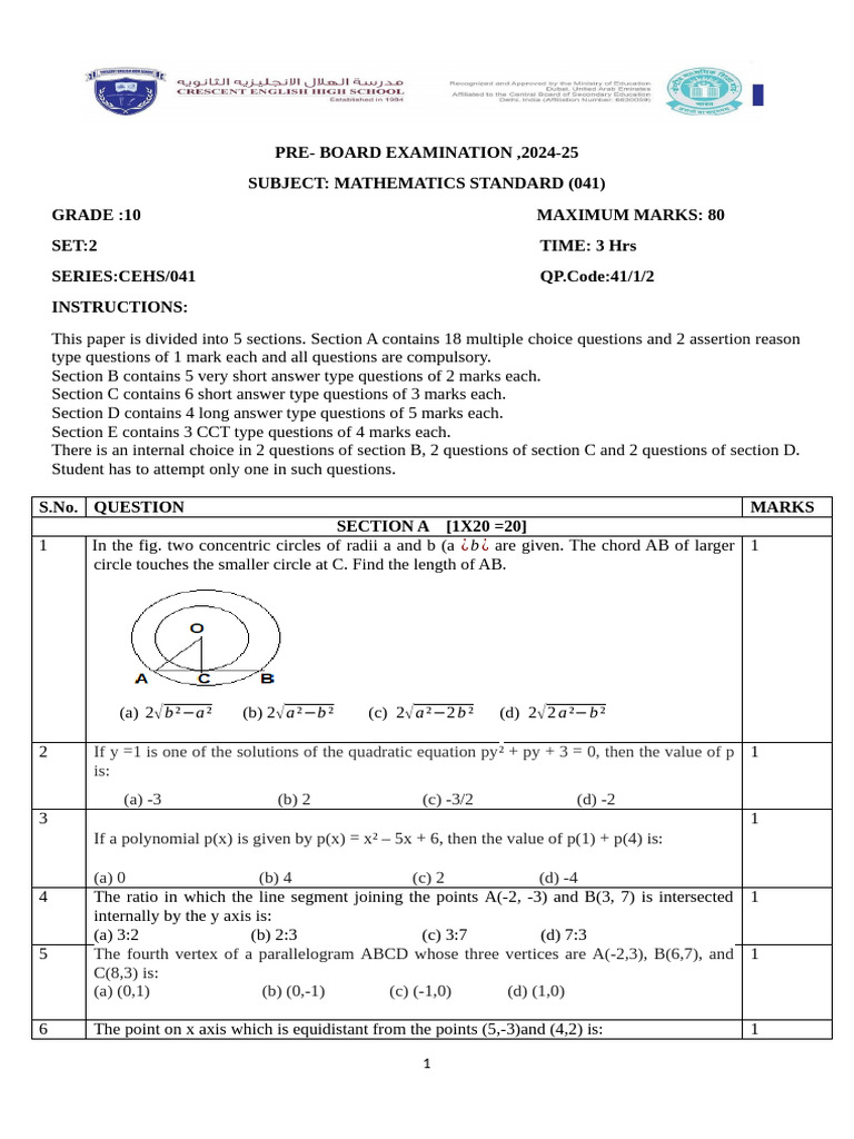 Maths Stand. X - QP - Pre-Board Set Ii | PDF | Circle | Angle