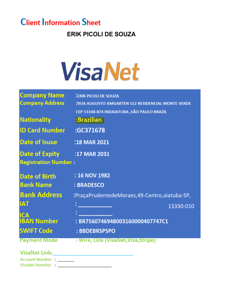 VisaNet Account Information Sheet | PDF