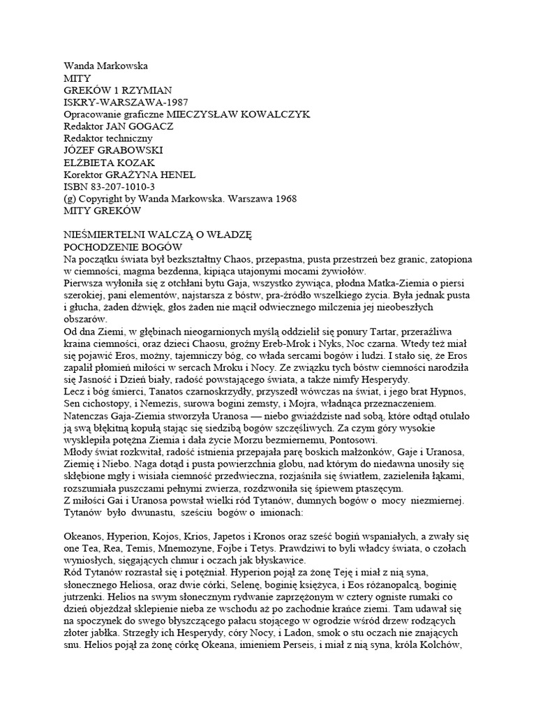 Mity Greków I Rzymian - Wanda Markowska | PDF