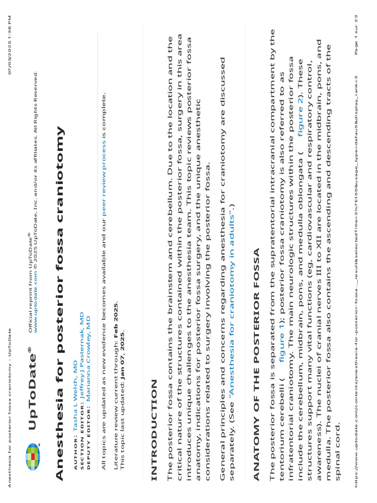 Anesthesia For Posterior Fossa Craniotomy - UpToDate | PDF | Anesthesia ...