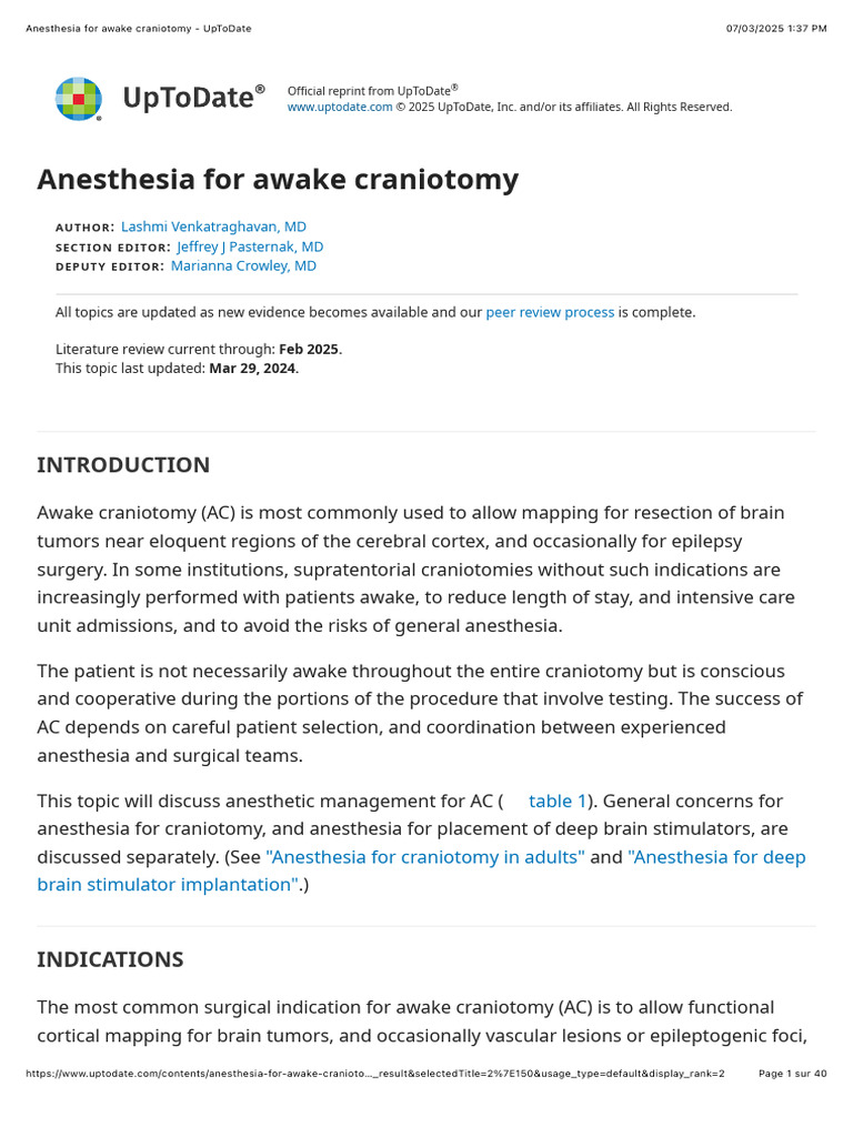 Anesthesia For Awake Craniotomy - UpToDate | PDF | Anesthesia | Surgery