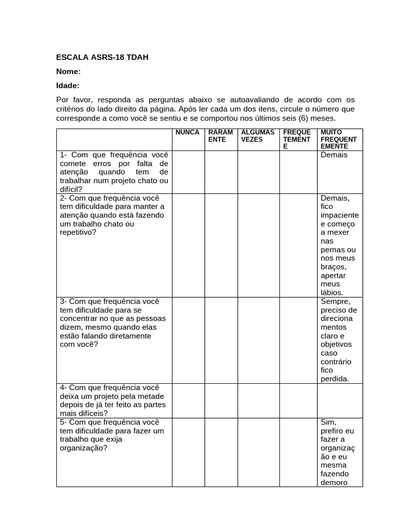 ESCALA - ASRS-18 - TDAH - ADULTO Respondido | PDF | Transtorno de ...