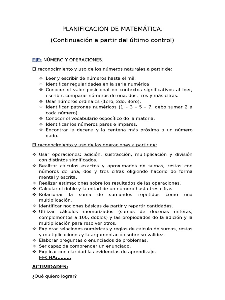 Planificación de Matemática: Números y Operaciones | PDF ...