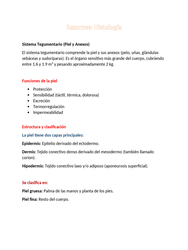 Resumen Histologia - Sistema Tegumentario | PDF