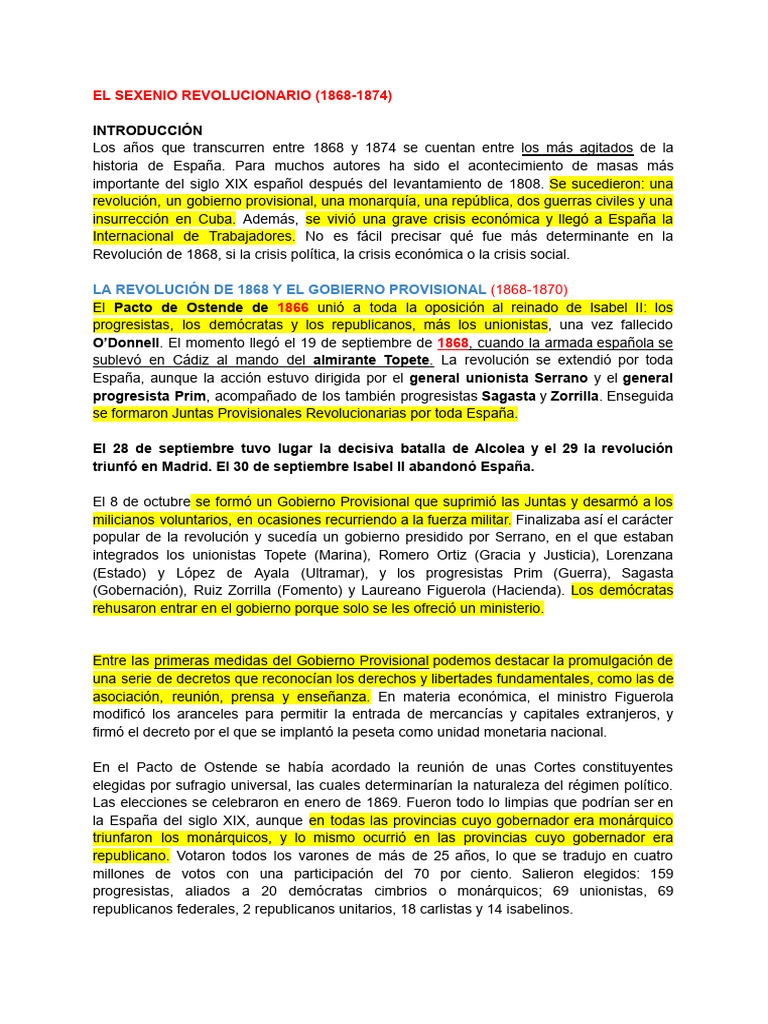 El Sexenio Revolucionario (1868-1874) | PDF | España | Gobierno de españa