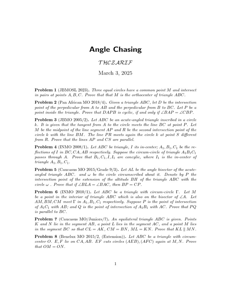 Angle Chasing Easier Pset | PDF | Triangle | Circle