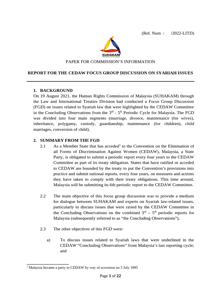 REPORT FGD SYARIAH CEDAW (Draft 22-12-21) | PDF | Marriage | Polygamy
