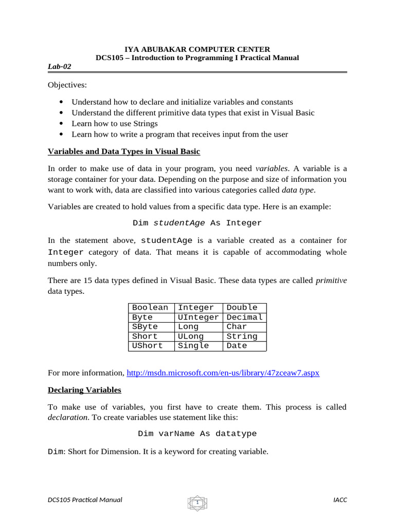 DCS105 Laboratory Practical Week 2 | PDF | Data Type | String (Computer Science)