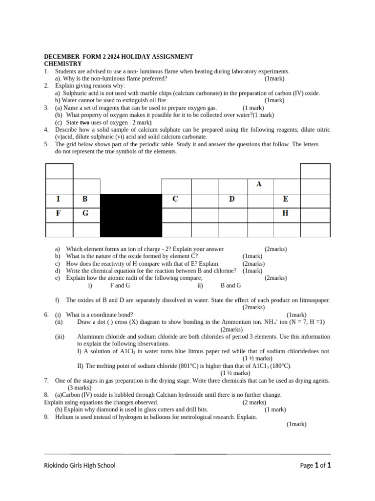 Chem F2 Dec 2024 Holiday Assignment | PDF | Chloride | Oxide